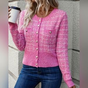Sweaters | New Chic Plaid Tweed Knit Cardigan Sweater Hot Pink White ...